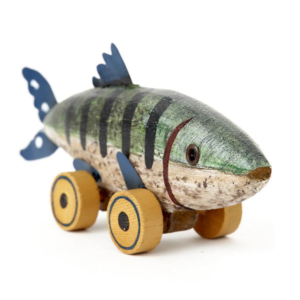 Striped fish on wheels